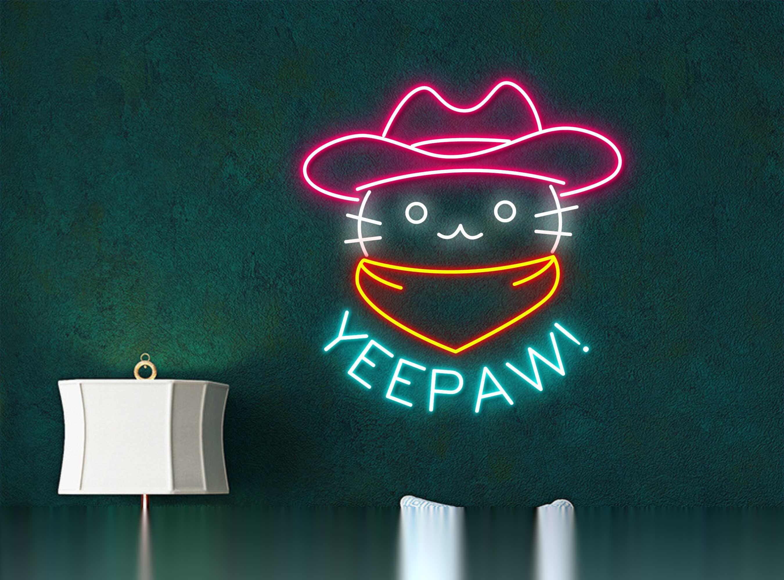 Chibi Cat Yeepaw Cowboy Hat Neon Sign Cool Cat Hat Neon Sign ...