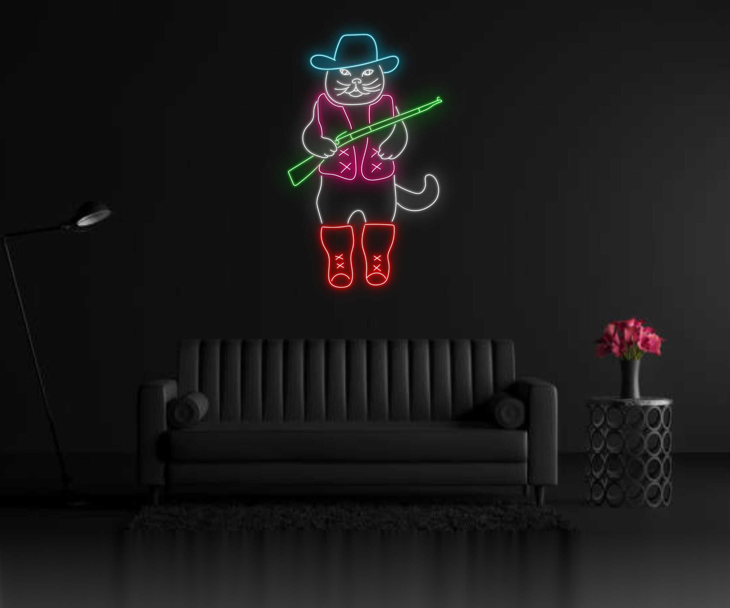 Cool Hunting Cat Cowboy Hat With Gun Neon Sign Cool Cat Hat Neon Sign ...