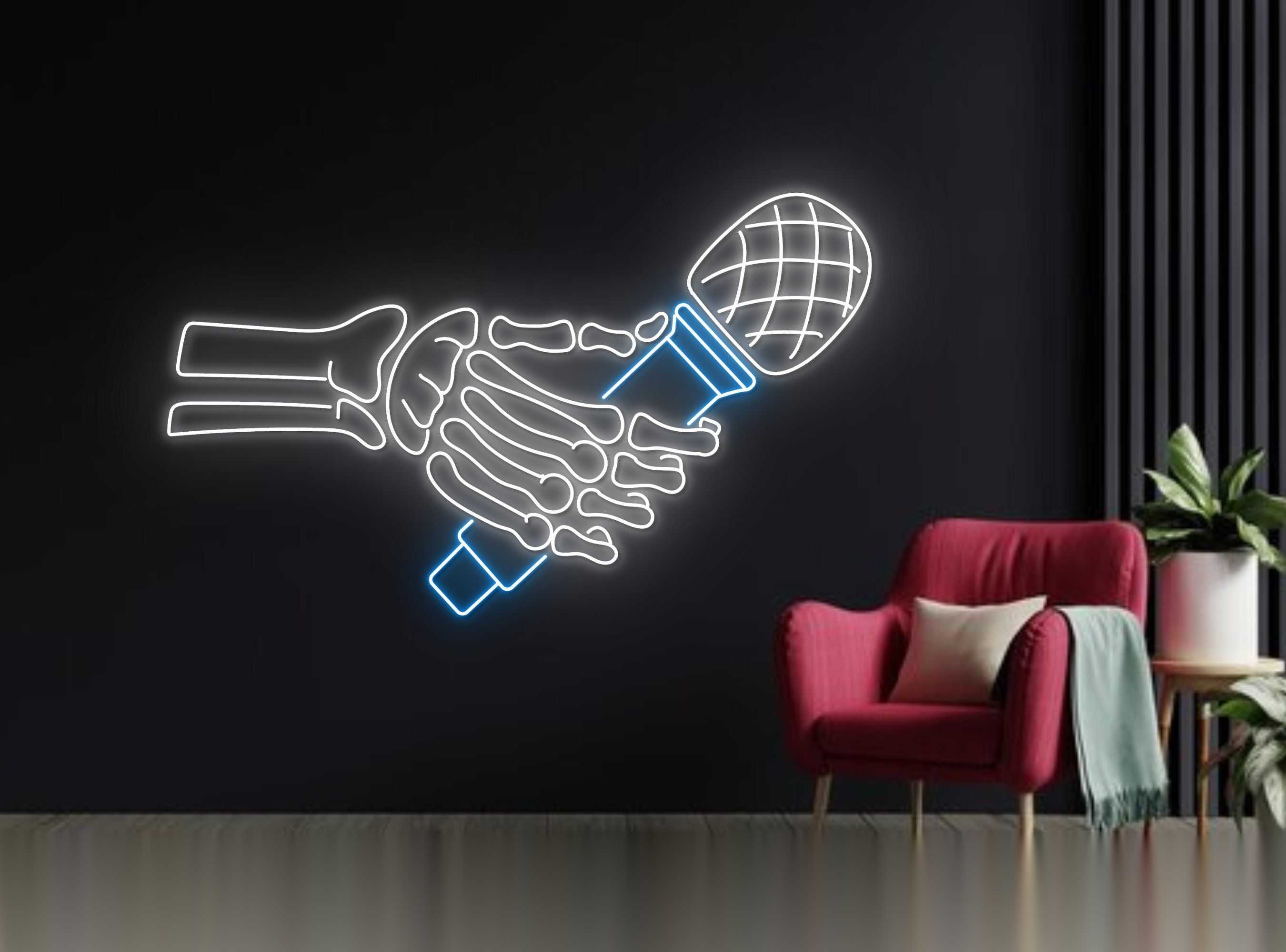 Hand Skull Skeleton With Micro Karaoke Neon Sign Skeleton Club Decor ...